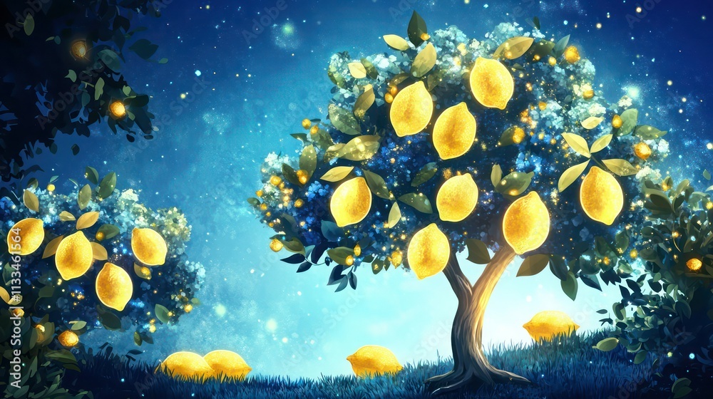 Elegant lemon and sapphire tree illustration with glowing highlights ...