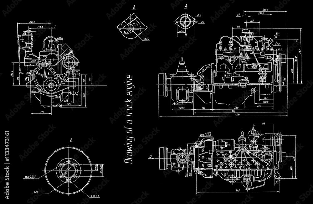 Engine of cargo vehicle. Engineering mechanical drawing of automotive ...