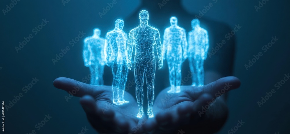 Businessman holding a human icon and virtual network connection with a ...