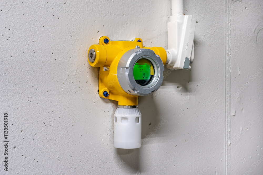Yellow wall mounted industrial carbon monoxide gas monitoring detector ...