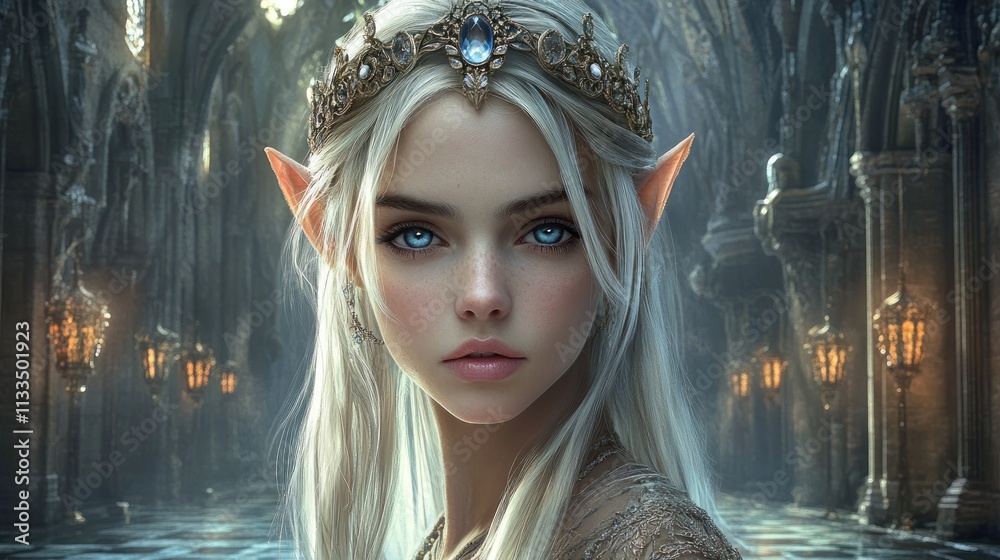 The graceful elf queen with blue eyes had her delicate crown embedded ...