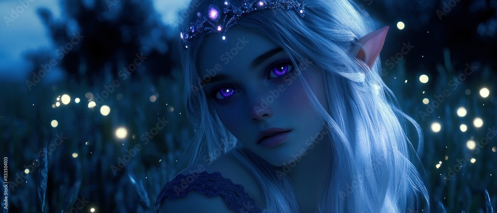 Mystical elf princess with purple eyes and white hair She stands in a ...