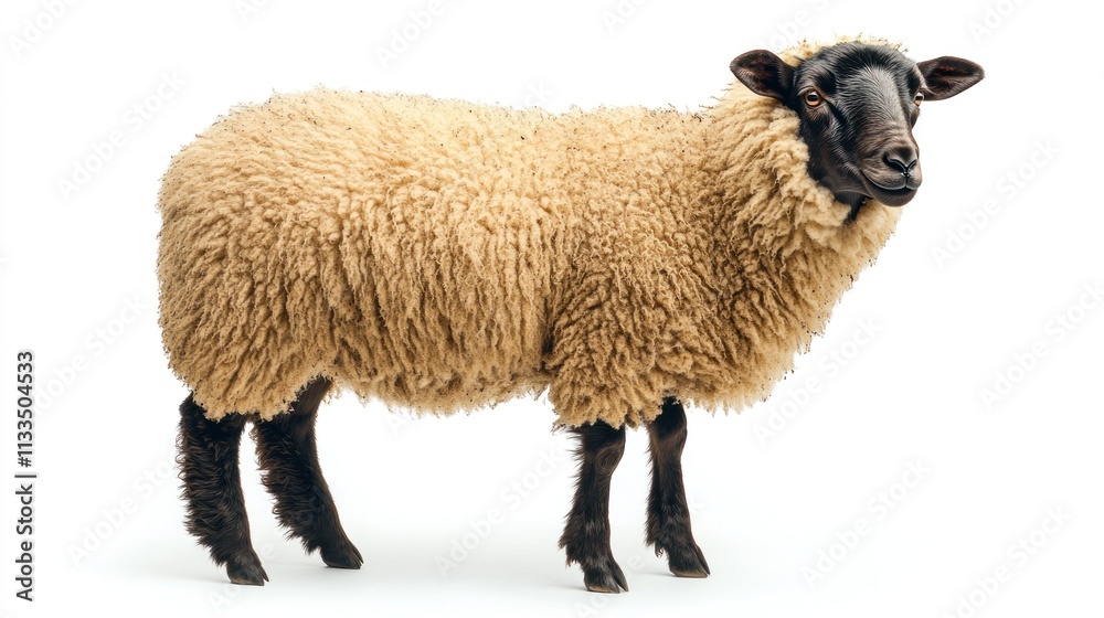 Sheep standing profile view, light beige fleece, black head and legs ...