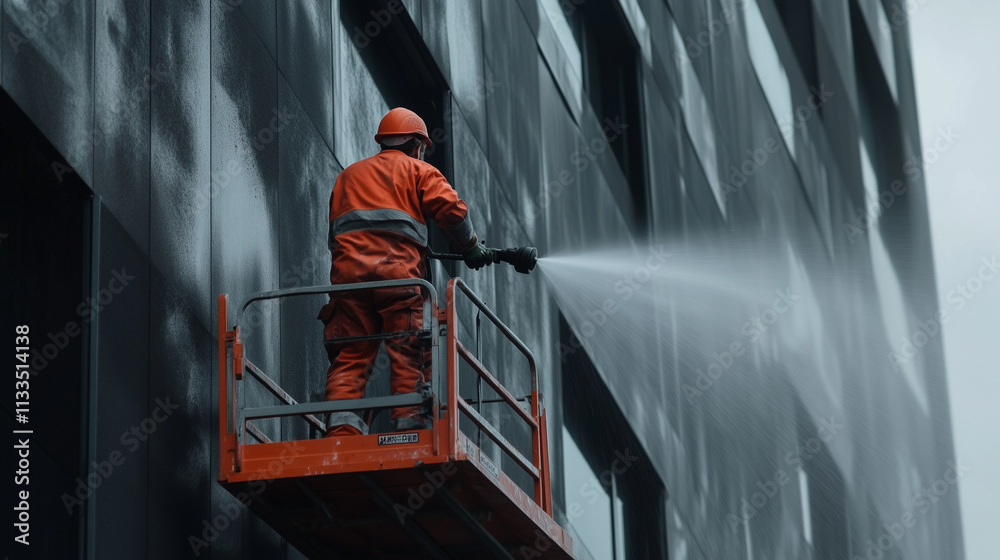 Mounted on a platform, a construction worker guides the powerful spray ...