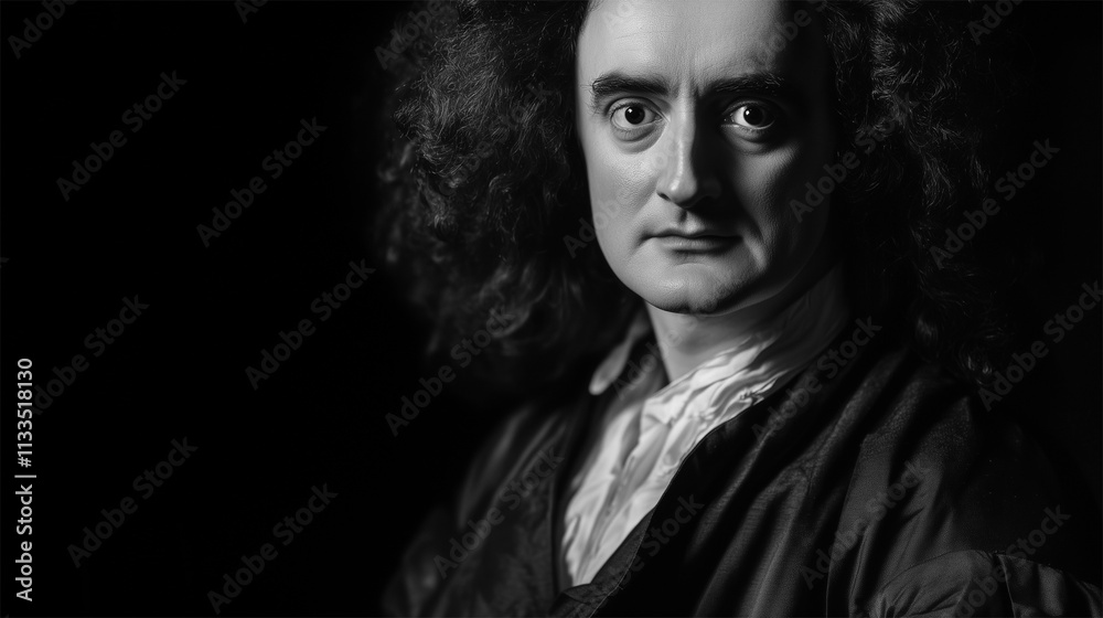 Isaac Newton black-and-white portrait, historical reconstitution of the ...