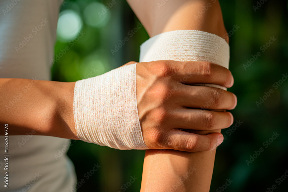 Hand with a bandage on the wrist for recovery from pain and tendinitis caused by repetitive ...