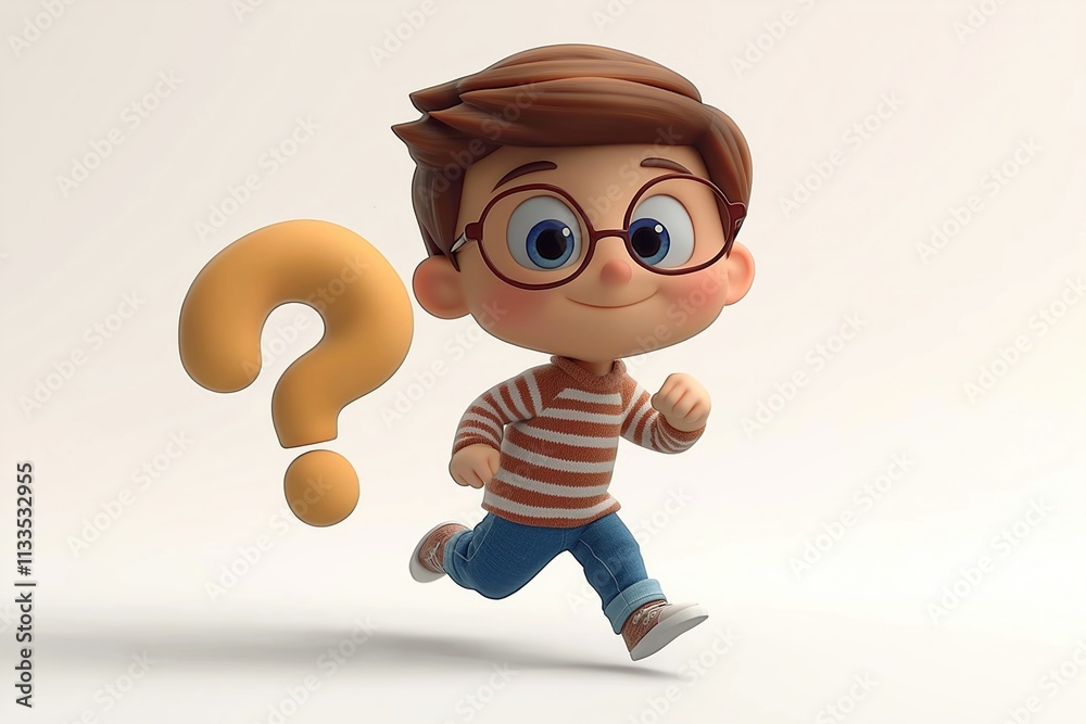 Cartoon boy runs with question mark. Curious kid wears glasses, striped ...