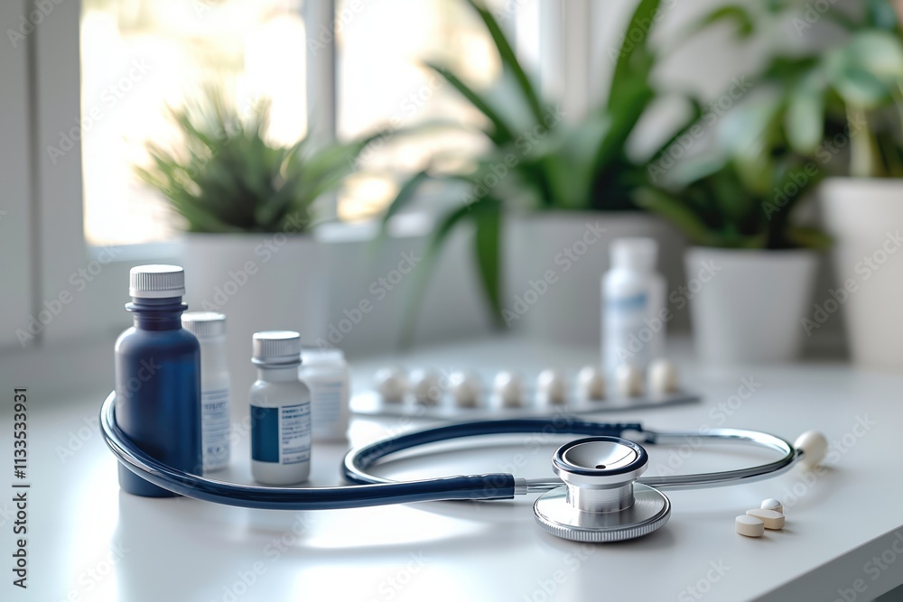 Medical desk setup with stethoscope, medicine bottles. Prescription ...