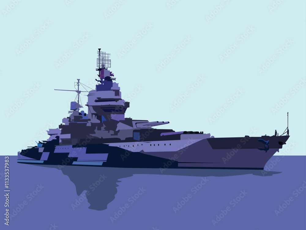 color vector illustration of a World War II heavy battleship type ...