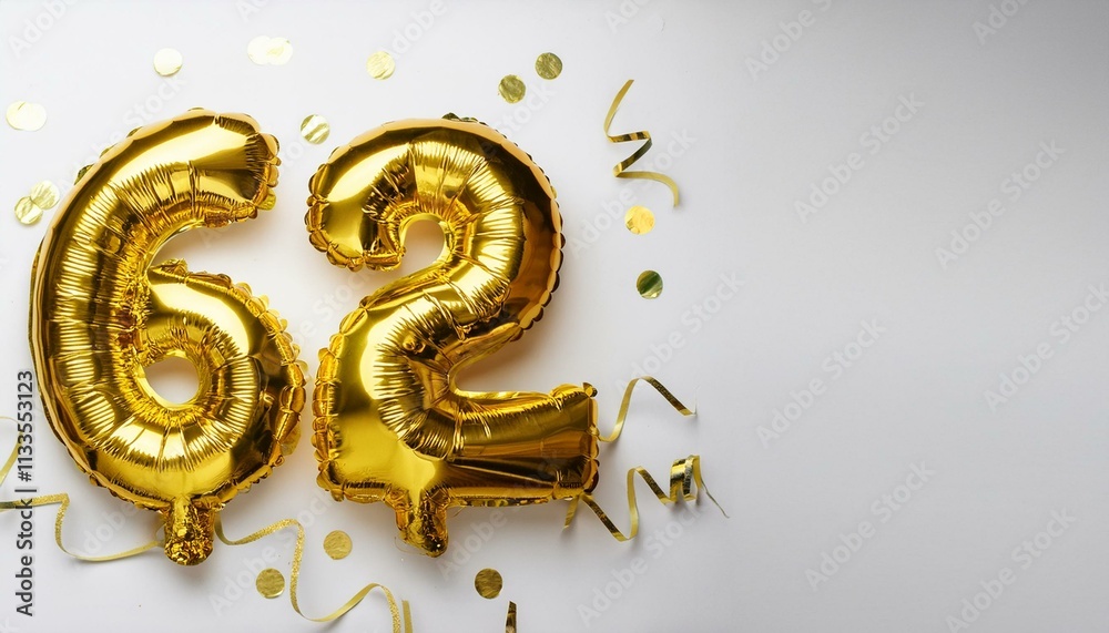 Number 62 golden balloons on white background with copy space ...