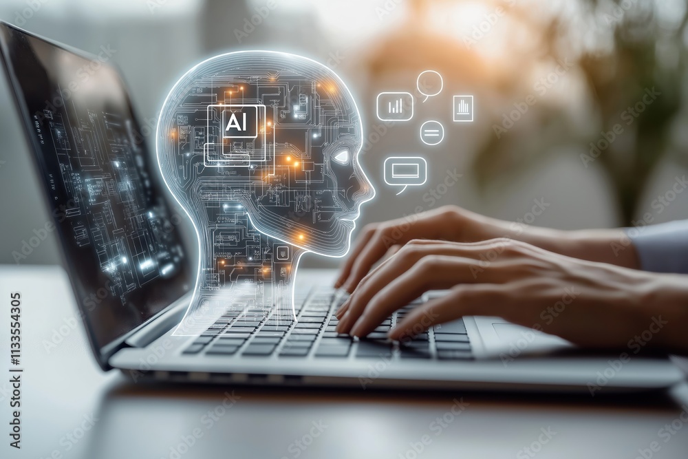 Person uses laptop interacting with AI virtual assistant. AI head ... Person uses laptop interacting with AI virtual assistant. AI head ...