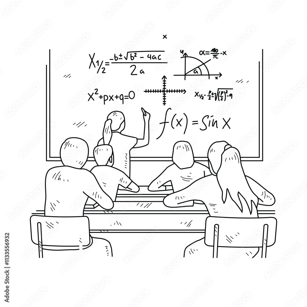 Simple sketch drawing of a teacher is teaching his students mathematics ...
