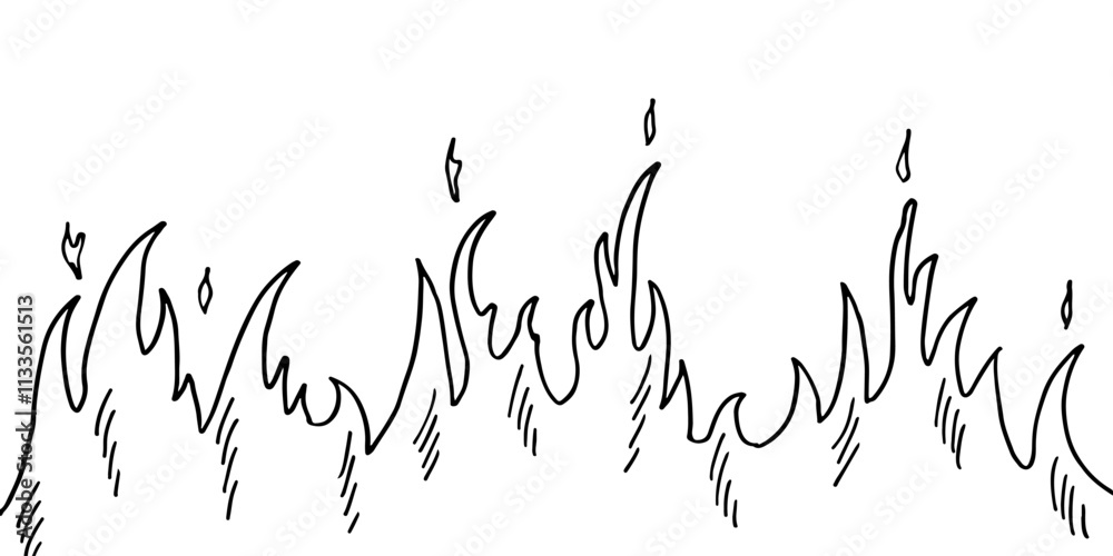 White background with line doodle cartoon drawing of a fire flame ...