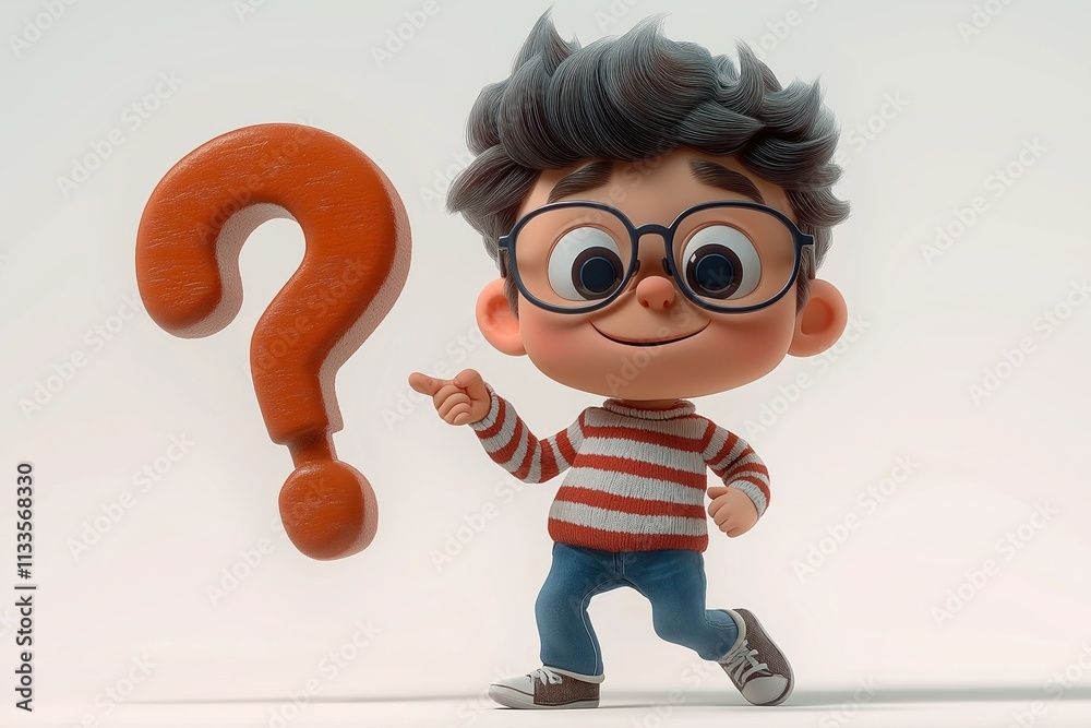 Curious cartoon boy points to big question mark. Character glasses ...