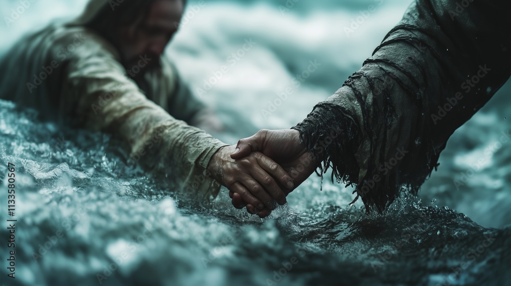 Jesus Christ Walking on Water Lends Hand to Peter who Sinks in Waves ...