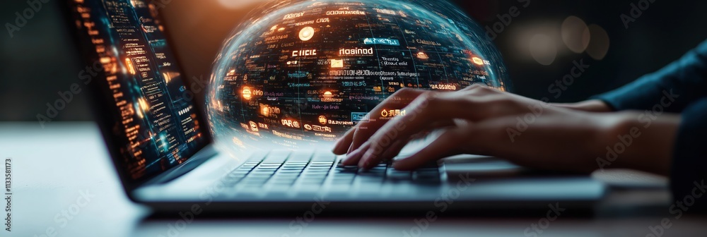 Person working on laptop. Global communication interface. Coding ...