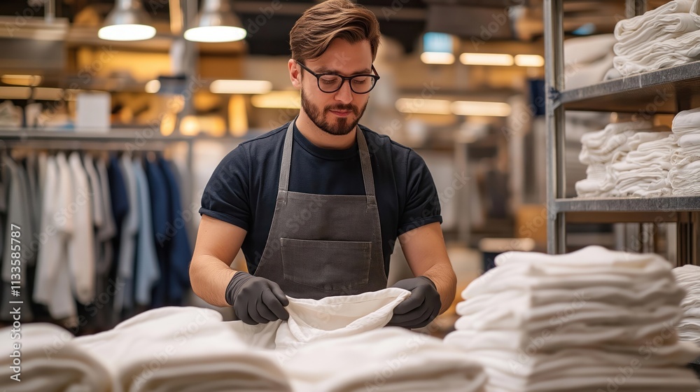 Man folds clean linens in commercial laundry facility. Worker in apron ...