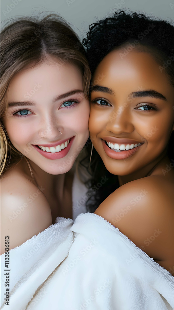 Stock-Foto „Three beautiful women of different races with happy smiles ...