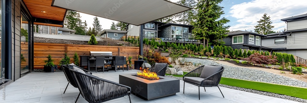 Contemporary patio metal chairs sleek coffee table and a fire pit all ...