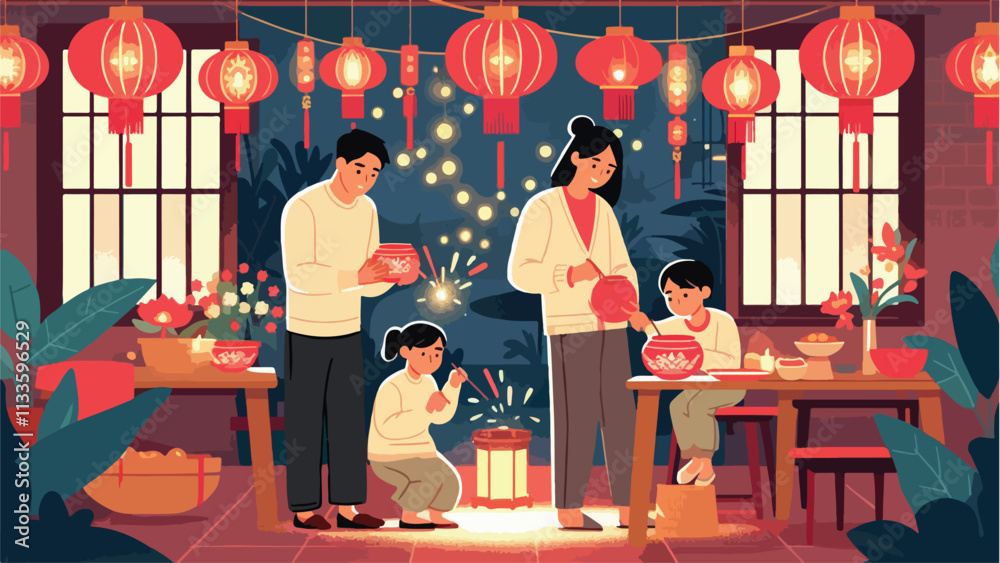 A family celebrating the Lantern Festival at home, hanging red lanterns ...