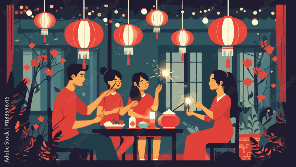 A family celebrating the Lantern Festival at home, hanging red lanterns ...