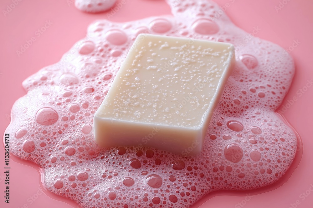 White soap bar sits on bed of pink foam bubbles. Close up view. Pastel ...