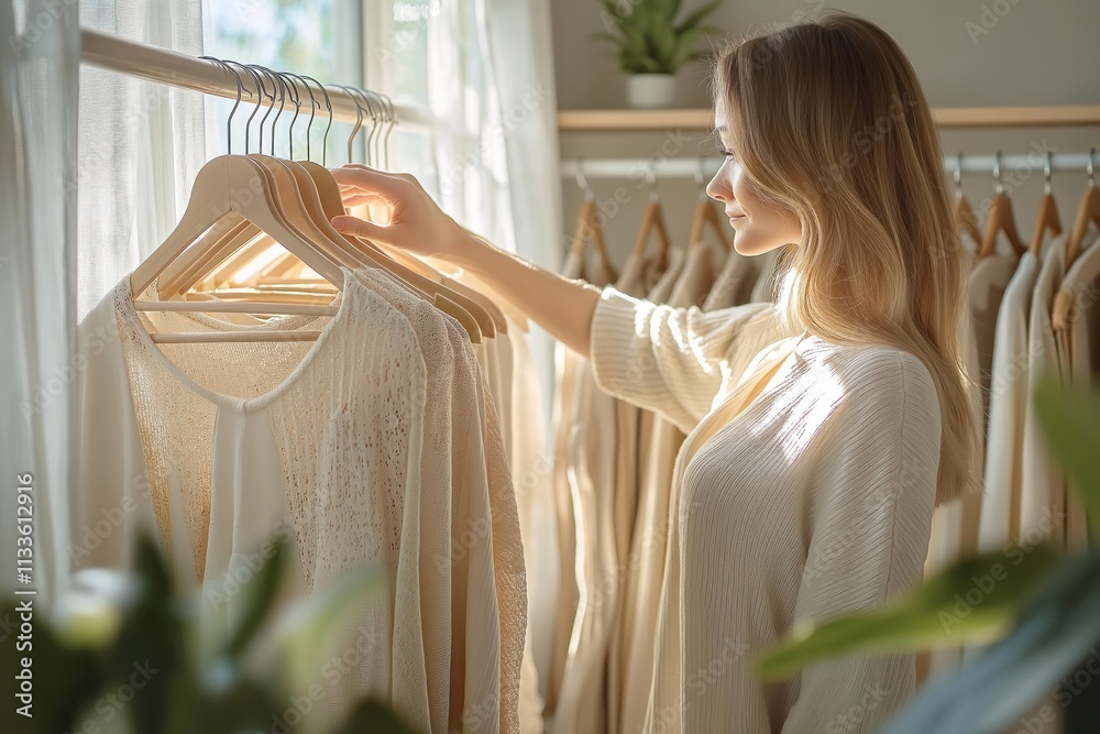 Woman chooses neutral-toned outfits in sunny room. Examines clothes on ...