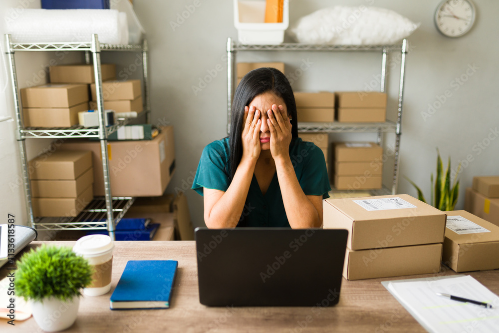 Stressed latin business owner hiding her face in her hands while ...