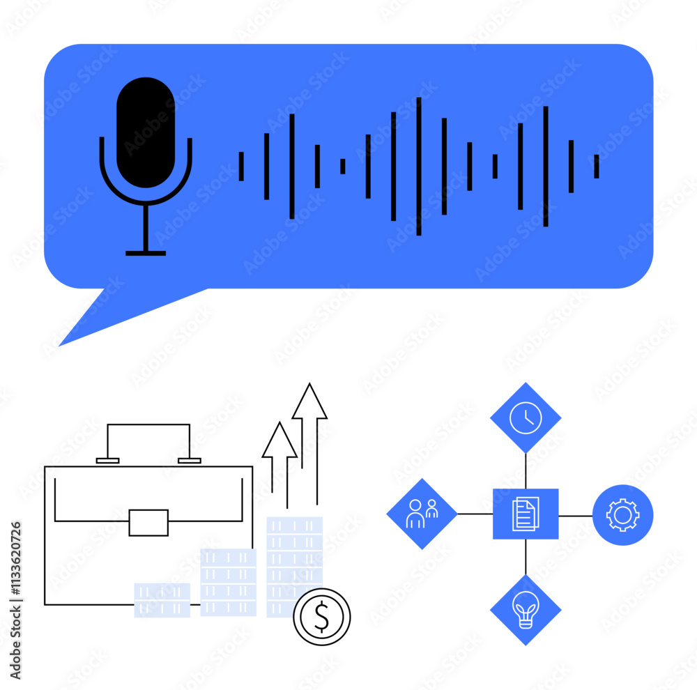 Microphone in speech bubble with waveform, financial chart with ...