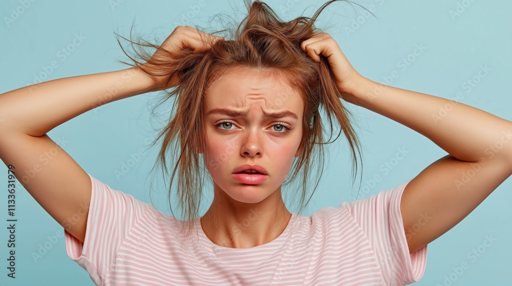 Woman expresses emotional struggle. Frustrated young female pulls at ...