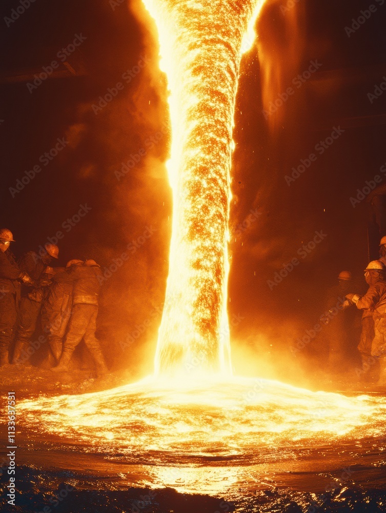 Workers manage the pouring of molten metal into molds as flames and ...