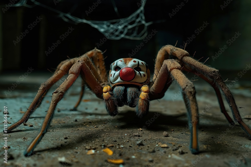 Creepy clown spider in abandoned room. Spider clown face. Dark room ...