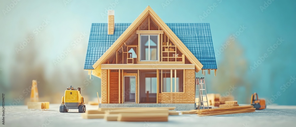 Worker building house from blueprints, construction project in action ...