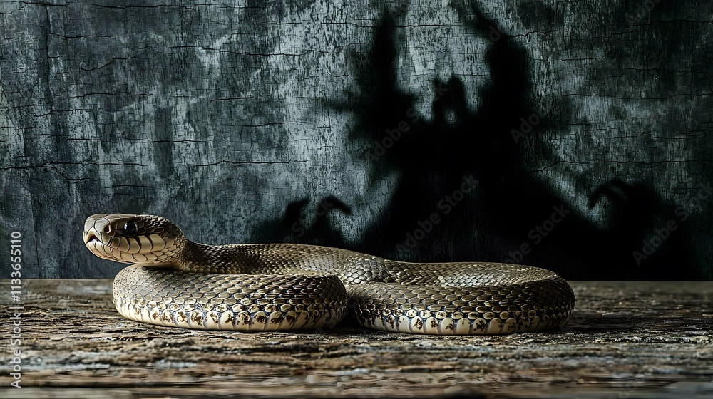 of a snake slithering on the ground, overlaid with an image of a dark ...