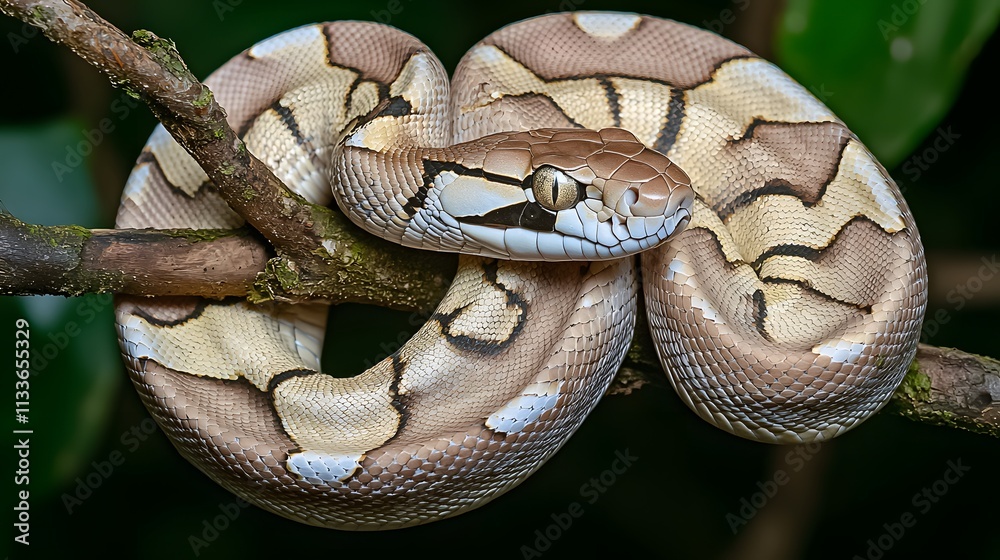 venomous snake coiled around a branch, with its body blending into the ...