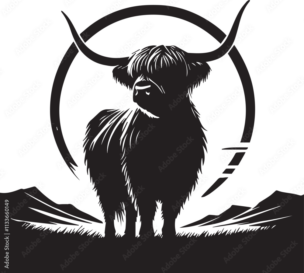 Highland Cow silhouette with horns framing a rising sun vector Stock ...