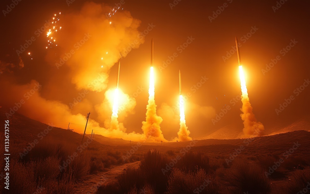 Fiery Ascent: Multiple missiles launch simultaneously under a blazing ...