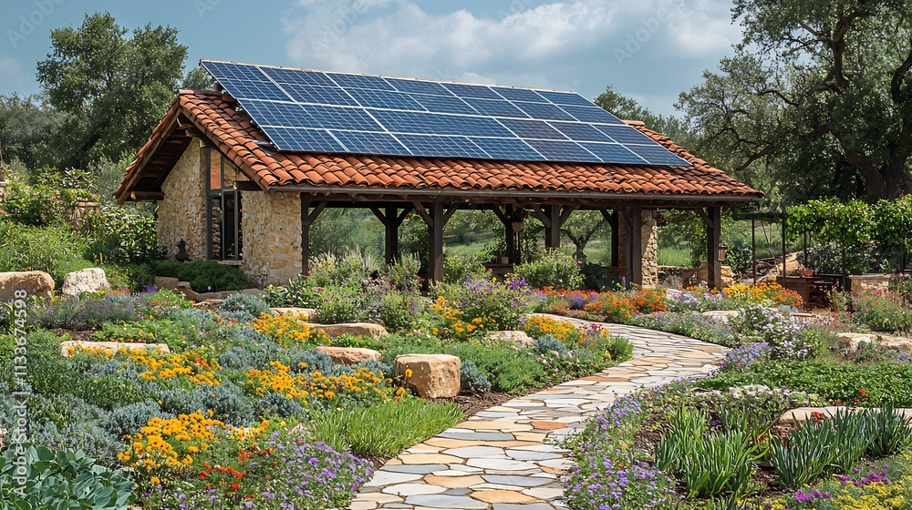 Solar panels installed artistically along garden pathway blending clean ...