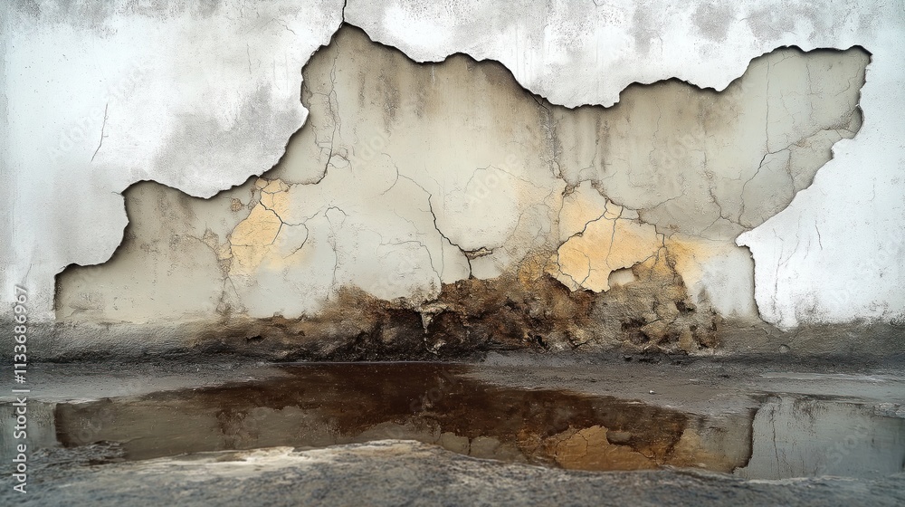 Damaged concrete wall shows water damage. Structural deterioration ...