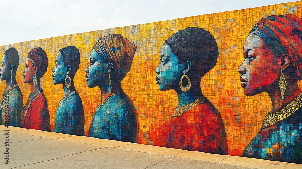 Large vibrant mural decorates city wall. Colorful mosaic art portrays ...