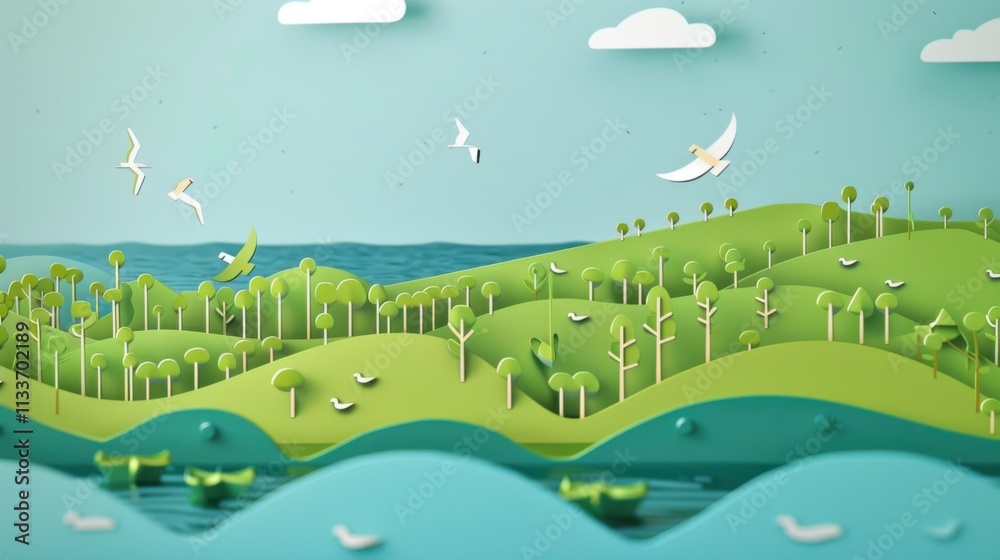 A stylized 3D animation of a green coastal restoration project with ...
