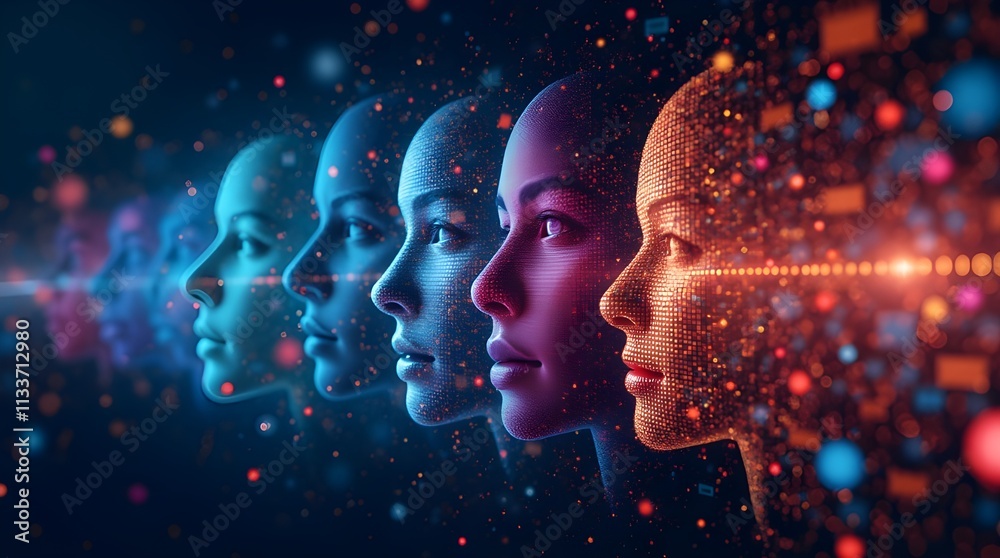 Spectrum of intelligence in digital cyberspace. Colorful faces ...