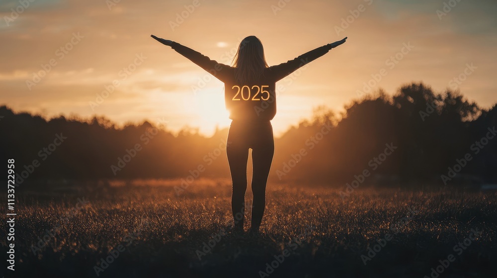 Strong silhouette of a woman standing in the warm sunrise glow, "2025 ...