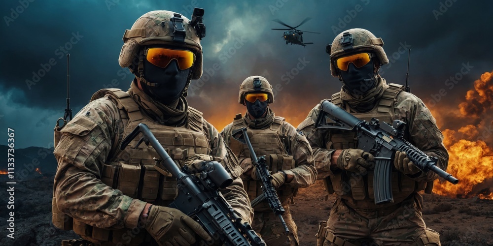 Elite soldiers in tactical gear prepare for a mission in a war zone ...