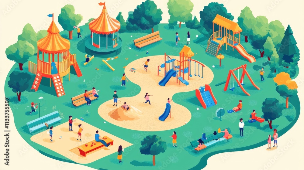 Isometric playground with children. Yard with kids playing. Park with ...