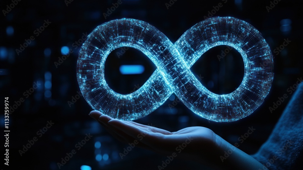Glowing infinity symbol in a hand, representing endless possibilities ...
