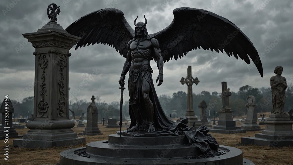 Statue of Thanatos, the personification of death, with open wings ...
