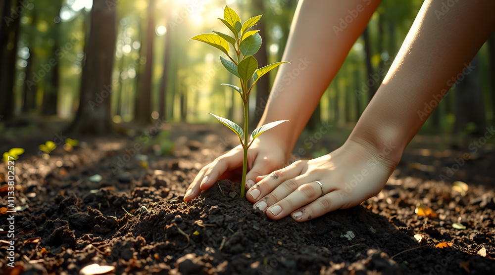 Human hands gently planting a tree sapling into fertile soil, emphasizing sustainability ...