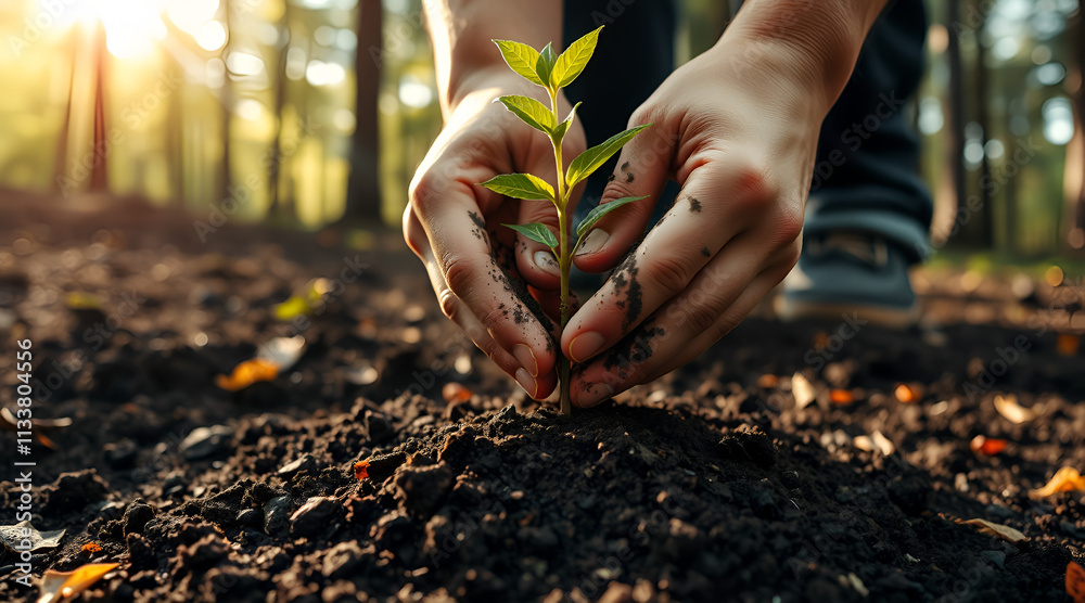 Symbol of growth and sustainability: hands planting a tree sapling in a ...