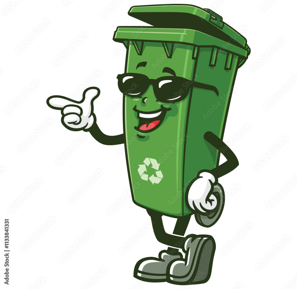 Trash Bin with sunglasses, Cartoon Character Mascot Illustration Vector ...